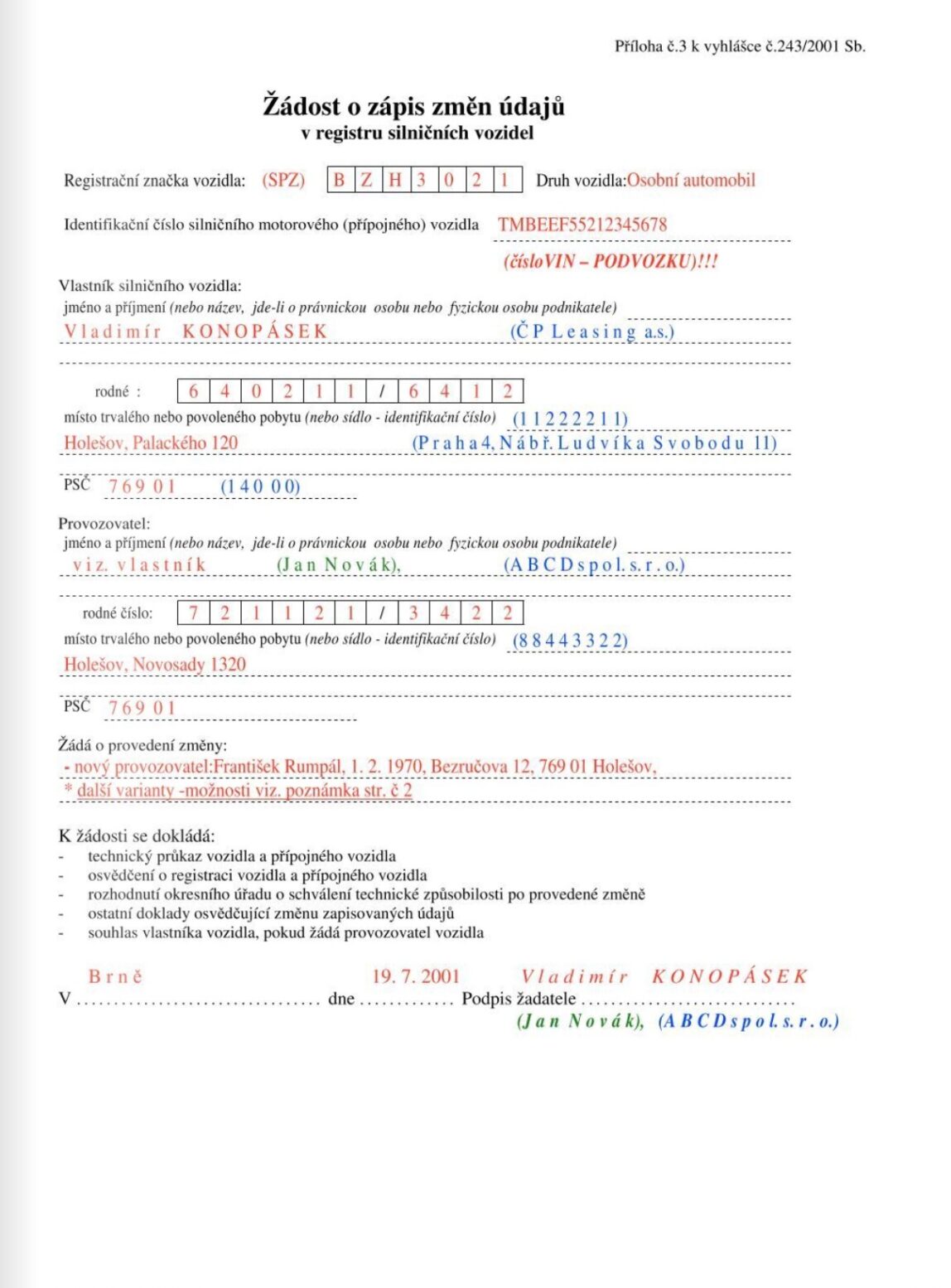 Žádost o zápis změn údajů v registru silničních vozidel