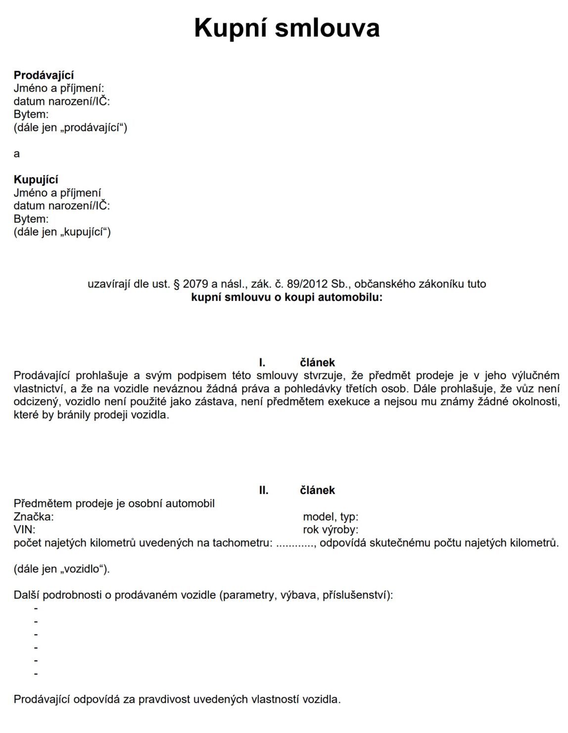 Kupní smlouva na auto 2025: Vzor PDF [Jednoduchá o prodeji]