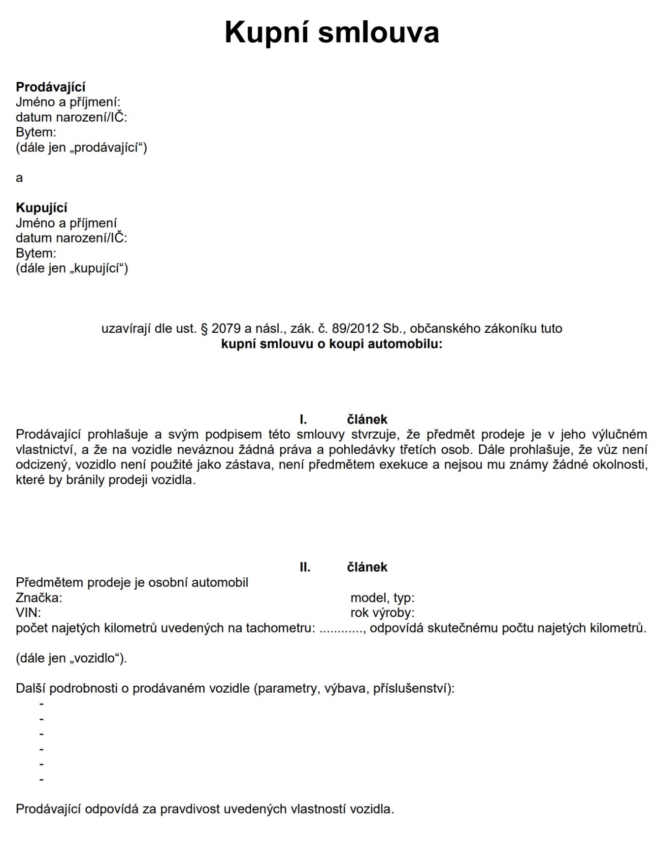 Kupní smlouva na auto 2025: Vzor PDF [Jednoduchá o prodeji]