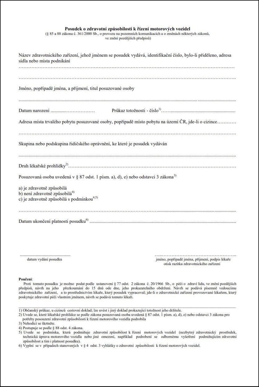Lékařský Posudek o Zdravotní Způsobilosti k Řízení